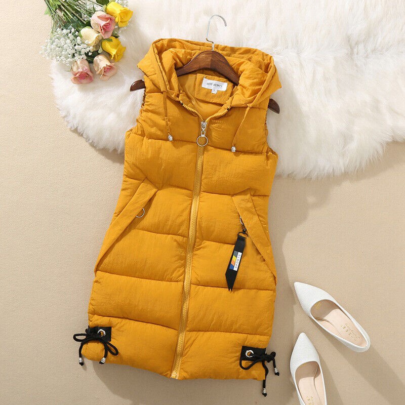 WOMENS LADIES LONG LINE HOODED PUFFER GILET JACKETS PADDED VEST TOPS ...