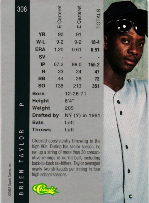 1992 Classic 4 Sport #308 Brien Taylor Rookie Card Yankees RC Mint | eBay