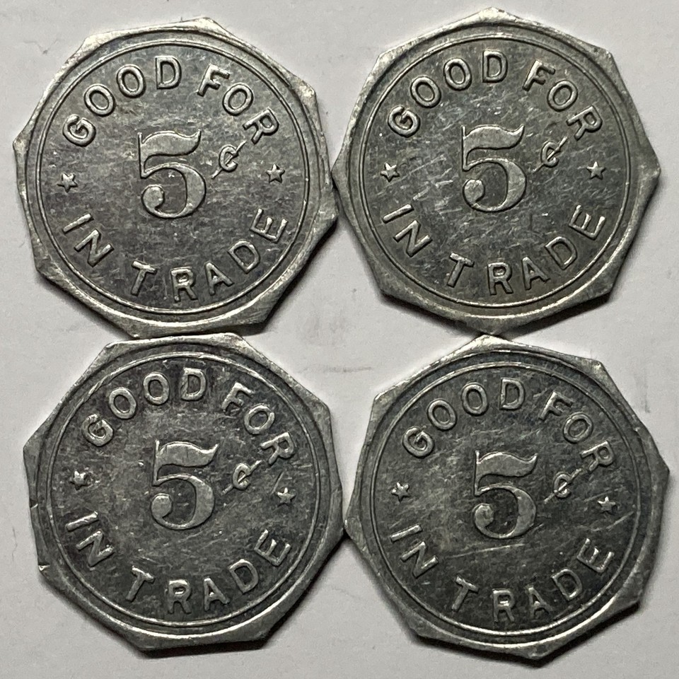 (4)TRADE TOKENS ~ THE PORTWOOD CO. ~ LUSHTON, NE ~ GOOD FOR 5¢ IN TRADE ...