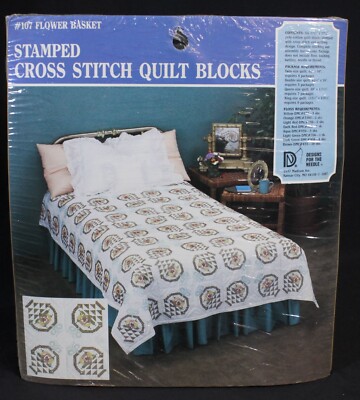 Vtg Stamped Cross Stitch Quilt Blocks Kit Designs for the Needle Flower ...