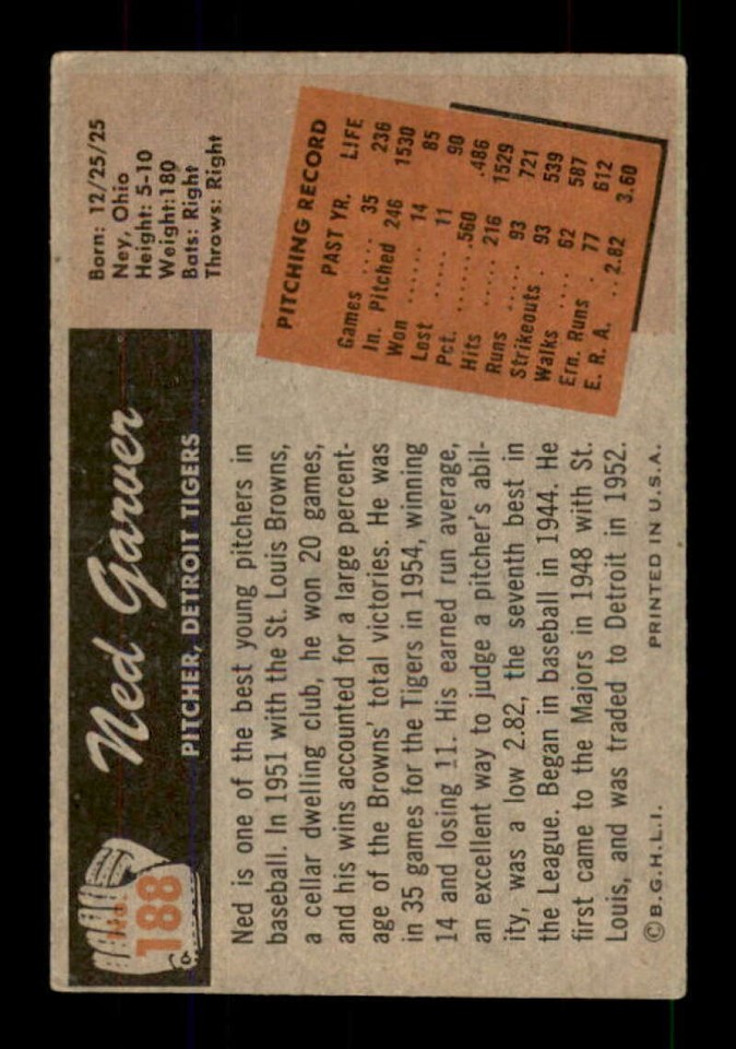 1955 Bowman #188 Ned Garver G Tigers 555849 | eBay