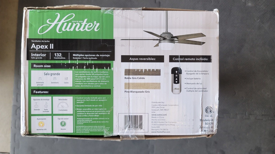 HUNTER APEX II LED 52" REVERSIBLE CEILING FAN GRAY, NEW 49694501714| eBay