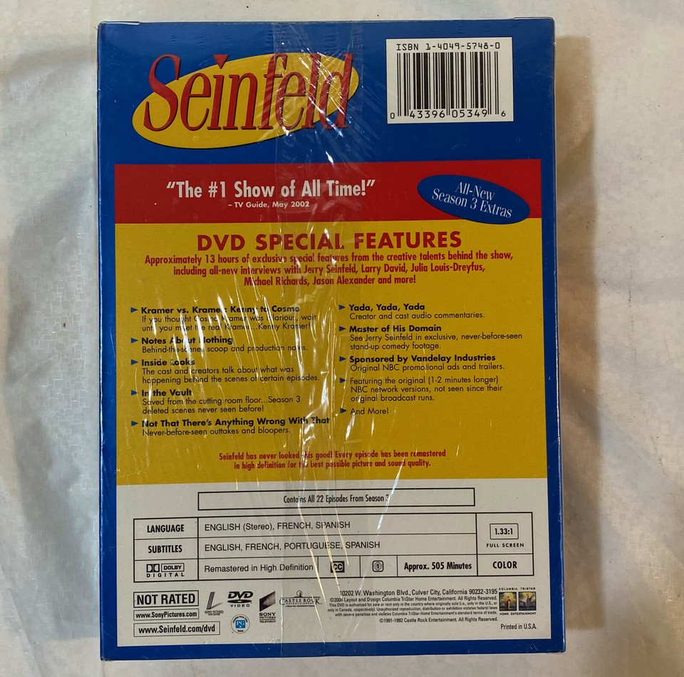 SEINFELD COMPLETE SEASON 3 DVDs BOX SET BONUS FEATURES COMEDY TV SERIES ...