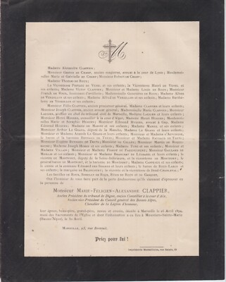 1894 Faire-part décès Alexandre CLAPPIER, magistrat - Digne-les-Bains ...
