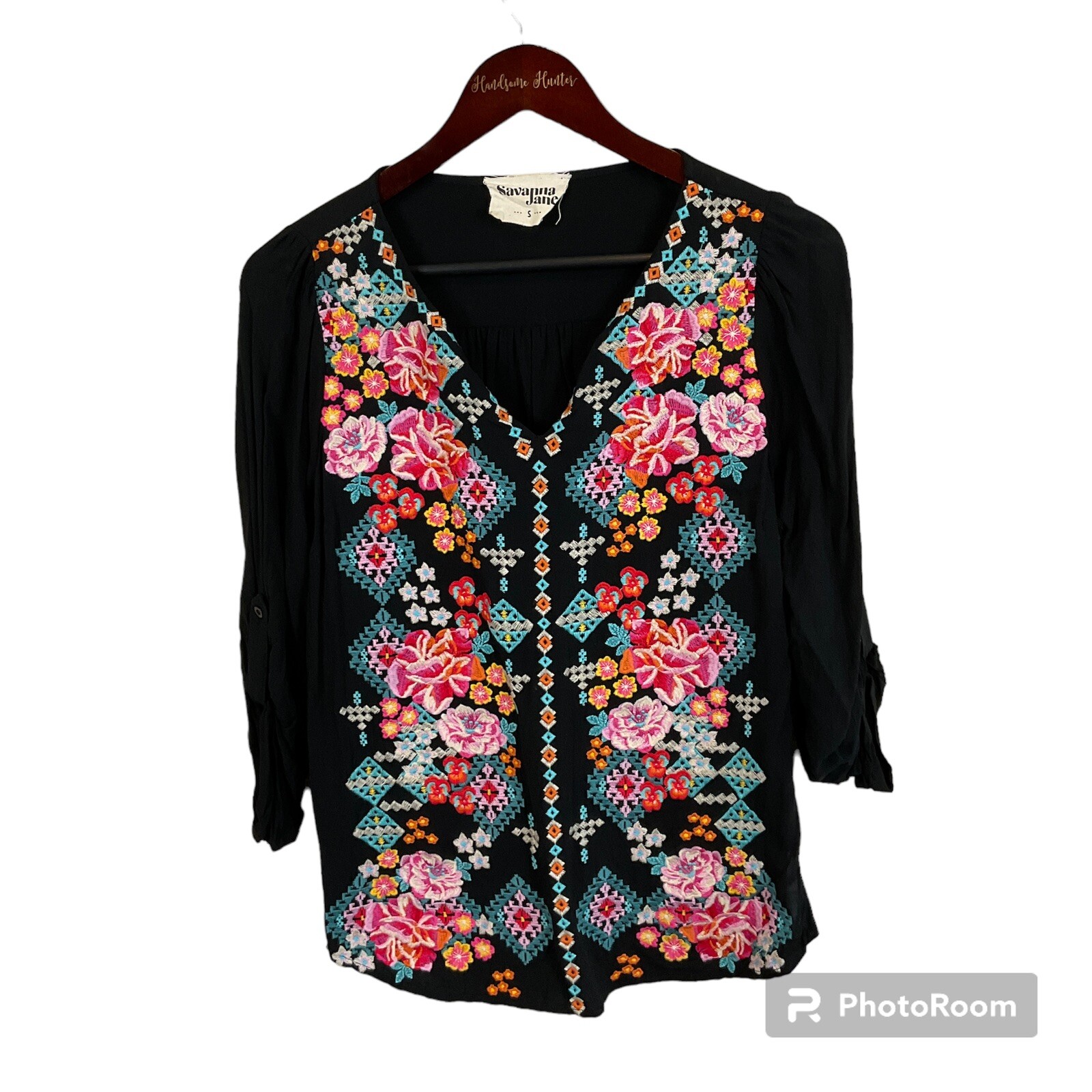 Savanna Jane S Women Top Floral Top Shirt Blouse Embroidered Roll Tab ...