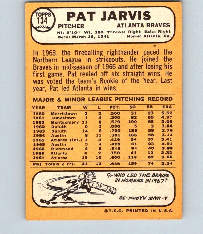 1968 TOPPS BASEBALL #134 PAT JARVIS MID GRADE JG | eBay