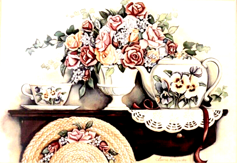 TEAPOT TEACUP PICTURE VICTORIAN LAURIE KORSGADEN UNFRAMED MATTED PRINT ...