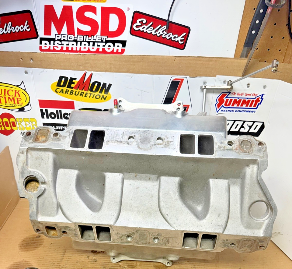 SBC CHEVY V-8 POLISHED 2X4 DUAL QUAD EDELBROCK X-C8 CROSS RAM INTAKE ...