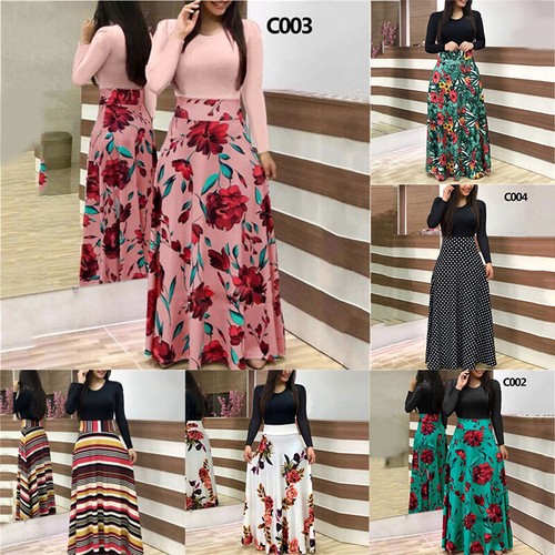 Party Cocktail Women's Dress Long Sleeve Maxi Splice Dress Boho Floral ...