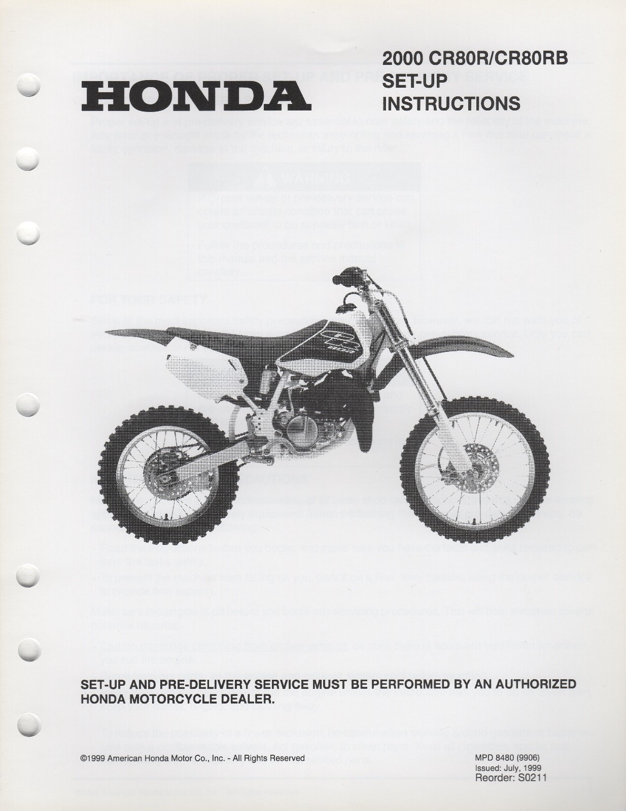 2000 HONDA MOTORCYCLE CR80R/CR80RB SET-UP PRE-DELIVERY INSTRUCTION ...