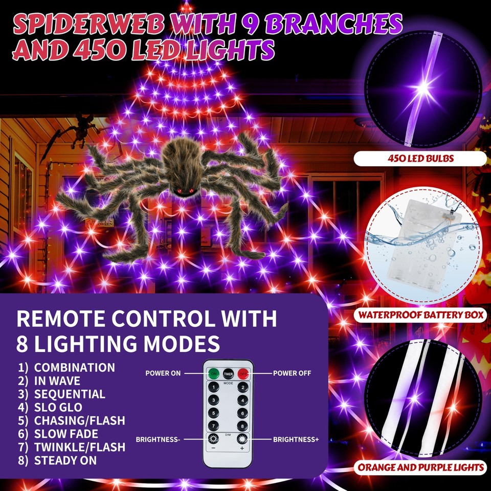 Halloween Spider Web Lights Giant Spider, 16.4Ft 450 LED Lighted Spider ...
