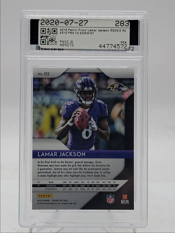 LAMAR JACKSON 2018 PANINI PRIZM FOOTBALL ROOKIE RAVENS GEM RC PSA 10 ...