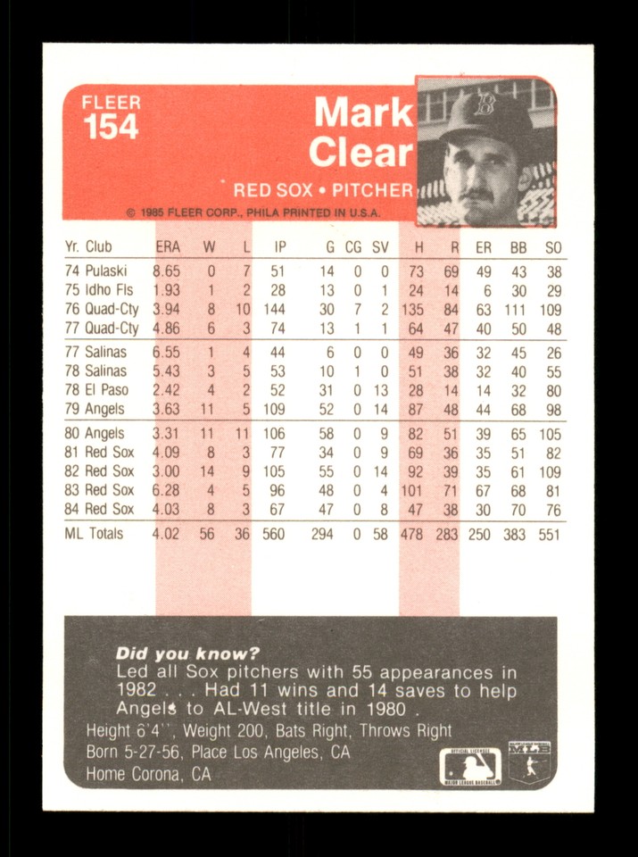 Mark Clear Autographed Signed 1985 Fleer Card #154 Boston Red Sox ...