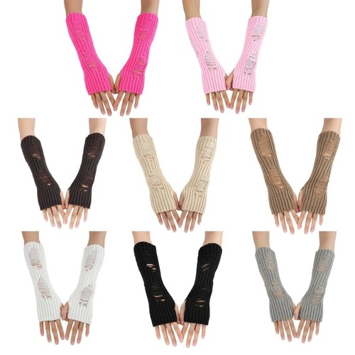 Ripped Hole Half Finger Gloves Winter Knit Keep Wrist Warm Mittens for ...