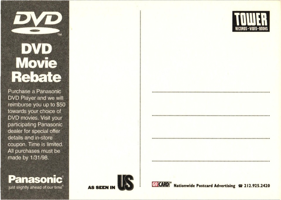 Panasonic DVD Player Promo Postcard 1990s Tower Records Store GO CARD ...