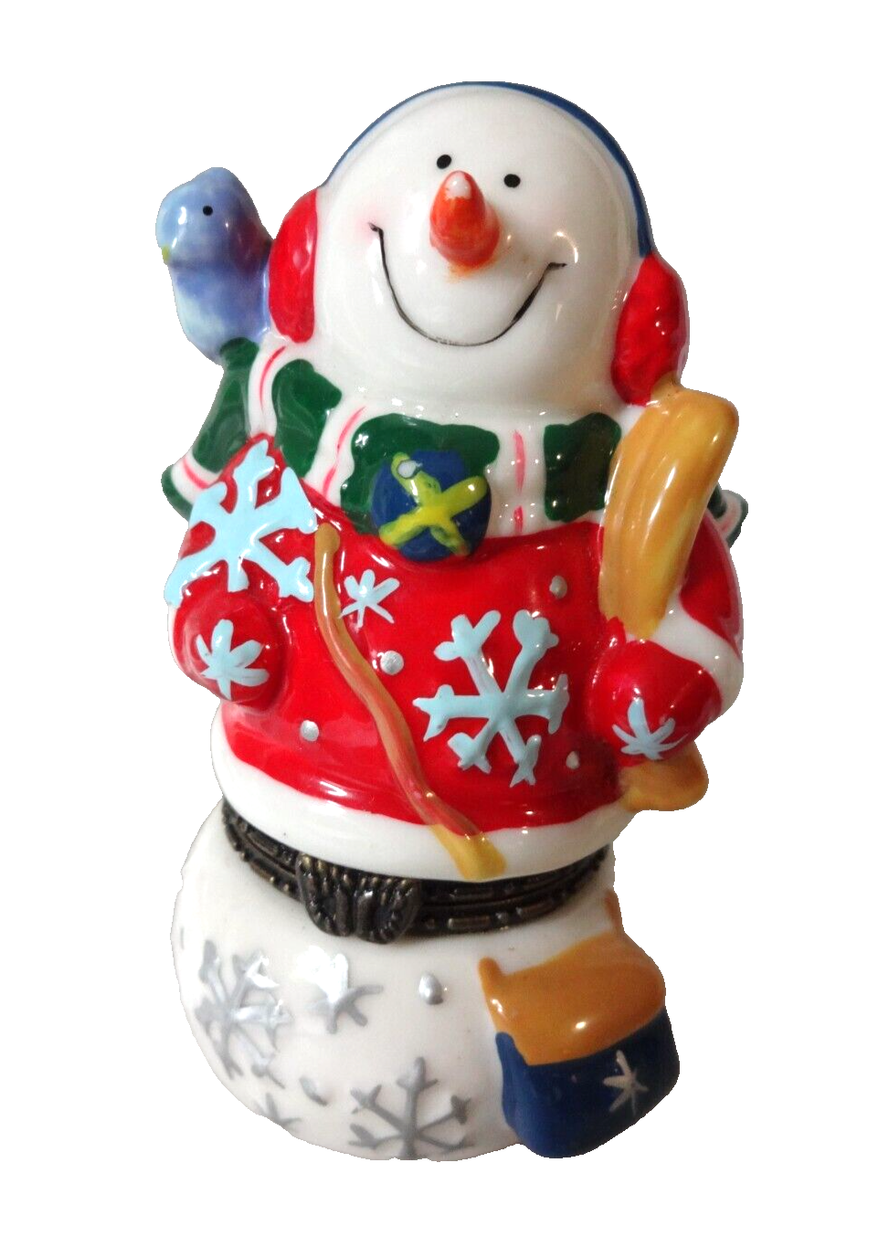 Snowman Ceramic Trinket Box 3 1/2" Tall Bluebird on Shoulder | eBay