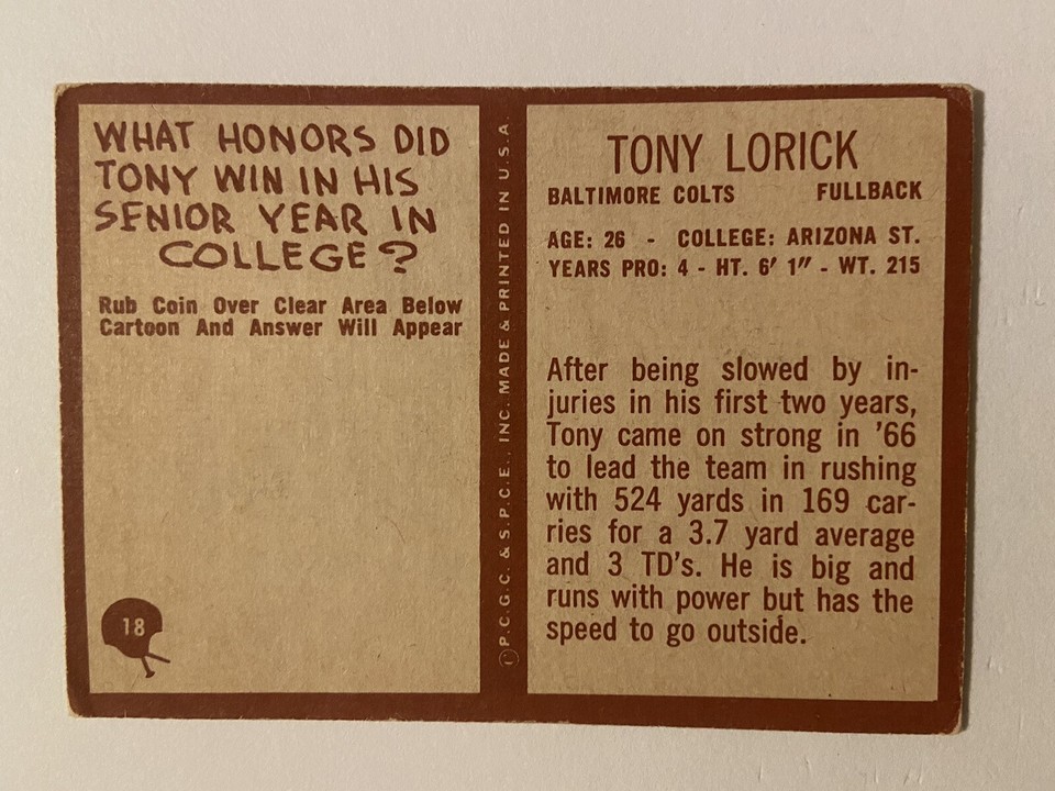 TONY LORICK Signed 1967 Philadelphia Gum #18 Colts Arizona State ...