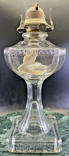 Antique EAPG U S Glass Oil Lamp Sheraton Greek Key Square Base ...