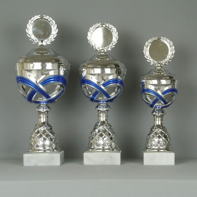 3er Serie Pokale / 37-31cm / silber blau / mit Gravur + Emblem / kompl ...
