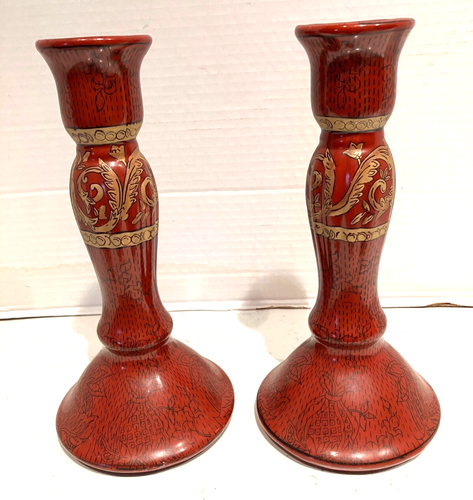 VTG. PAIR OF ORIENTAL ACCENTS CERAMIC GLAZED CANDLESTICKS, RED W/ GOLD ...