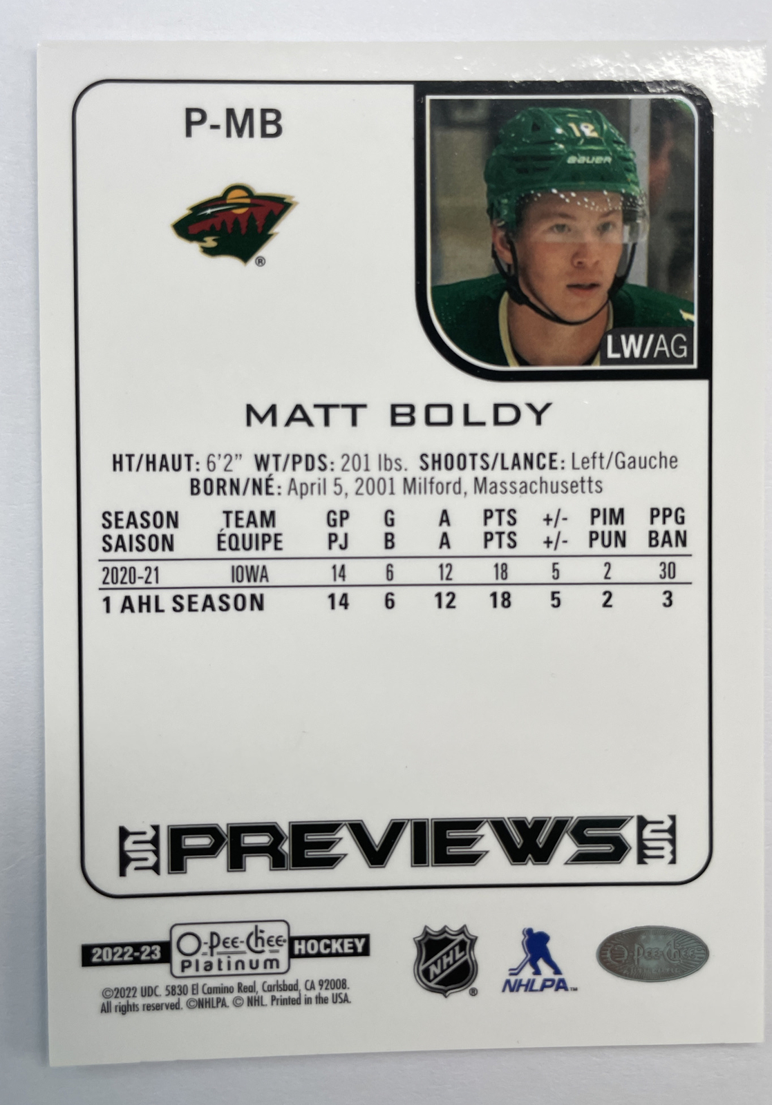 2022-23 Upper Deck O-Pee-Chee Matt Boldy Rookie PLATINUM PREVIEWS RC #P ...