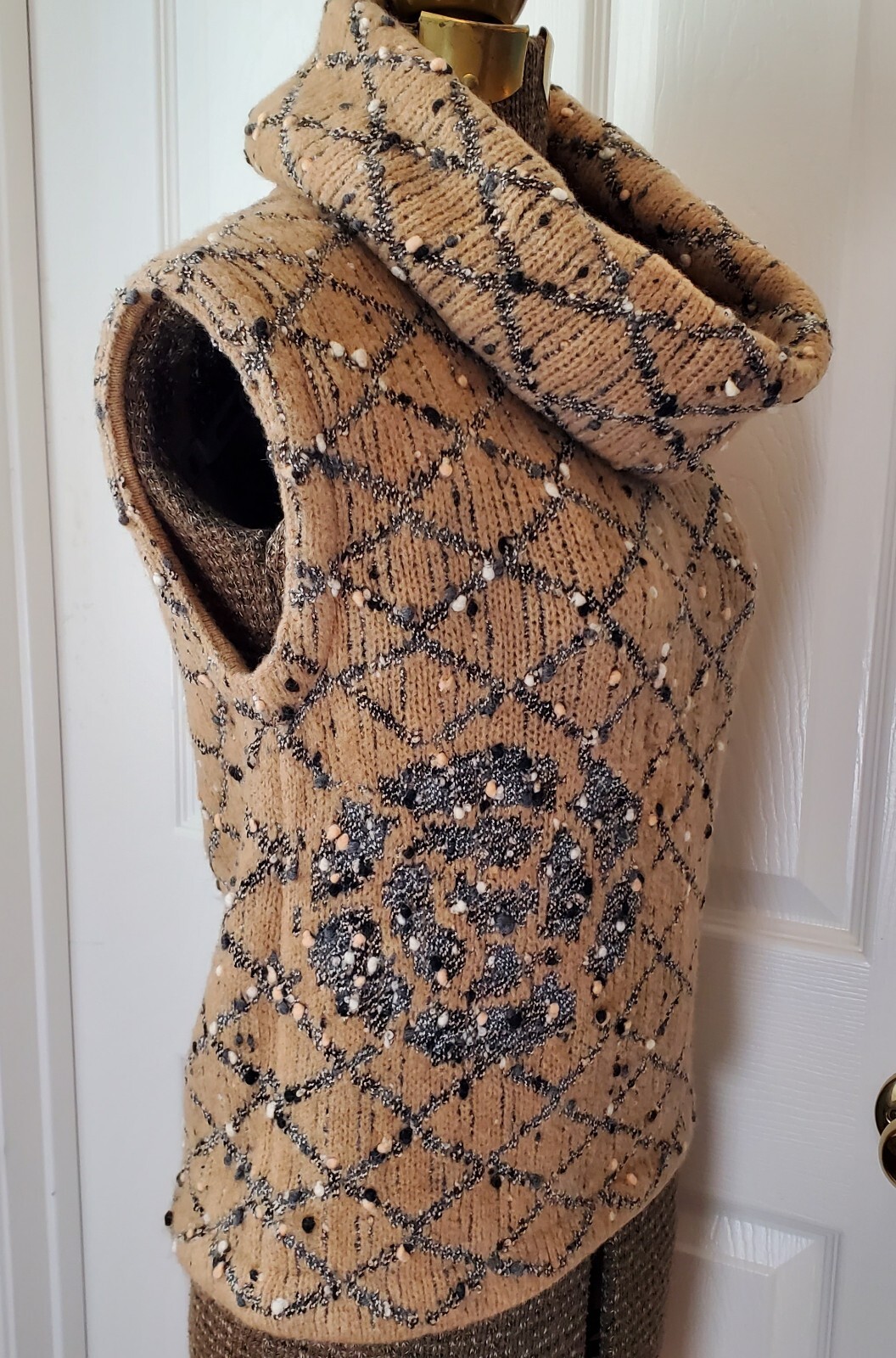 AUTH "COCO" CHANEL TAN/MULTI KNIT BOULCE WOOL BLEND COWLNECK CAMELIA ...