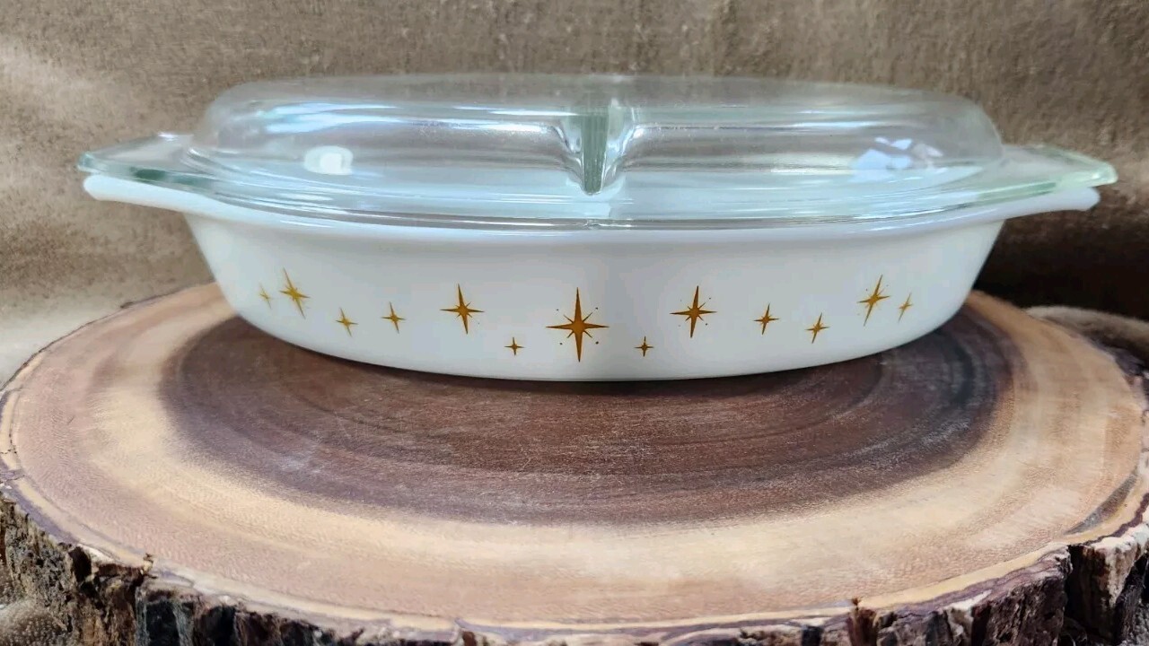 Vintage Pyrex 1 1/2 Qt Constellation Gold Atomic Star Burst Casserole ...