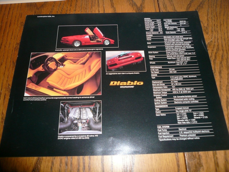Lamborghini Diablo Sales Brochure/Specification Flyer - Vintage ...