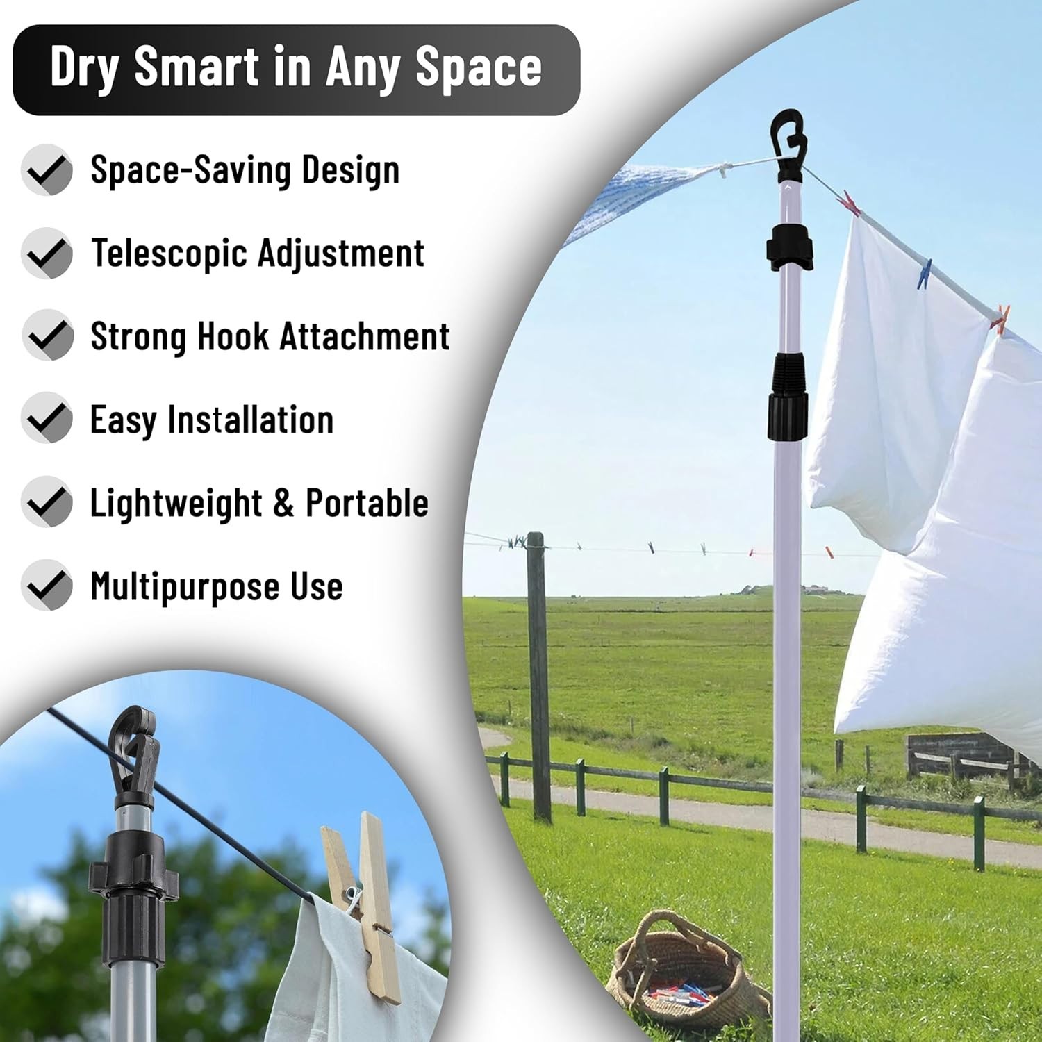 2 x Telescopic Washing Line Props - Heavy Duty Outdoor Extendable ...