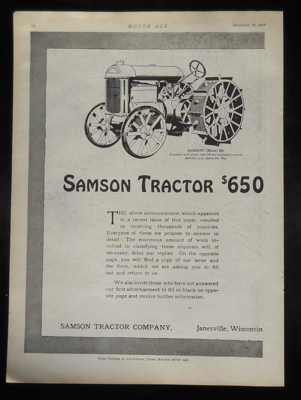 1918 Samson Model M Farm Tractor $650 Company AC Titan Spark Plug ...