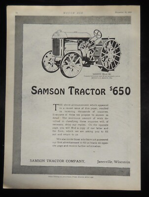 1918 Samson Model M Farm Tractor $650 Company AC Titan Spark Plug ...