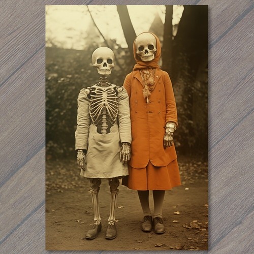 POSTCARD Weird Creepy Skeleton Dress Twin Unreal Halloween Unusual ...