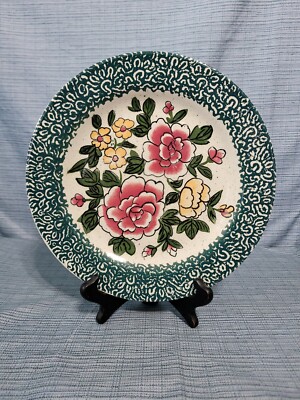 VINTAGE STONEWARE ROUND PLATTER FLORAL PATTERN GREEN MADE IN CHINA | eBay