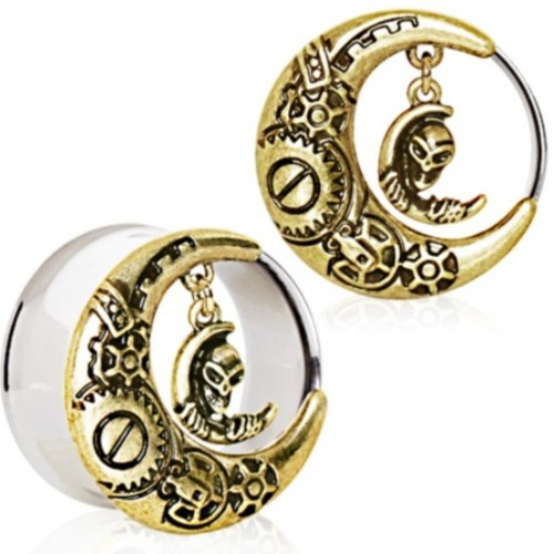 PAIR - STEAMPUNK STYLE MOON & ALIEN TUNNELS PLUGS DOUBLE FLARE STEEL ...