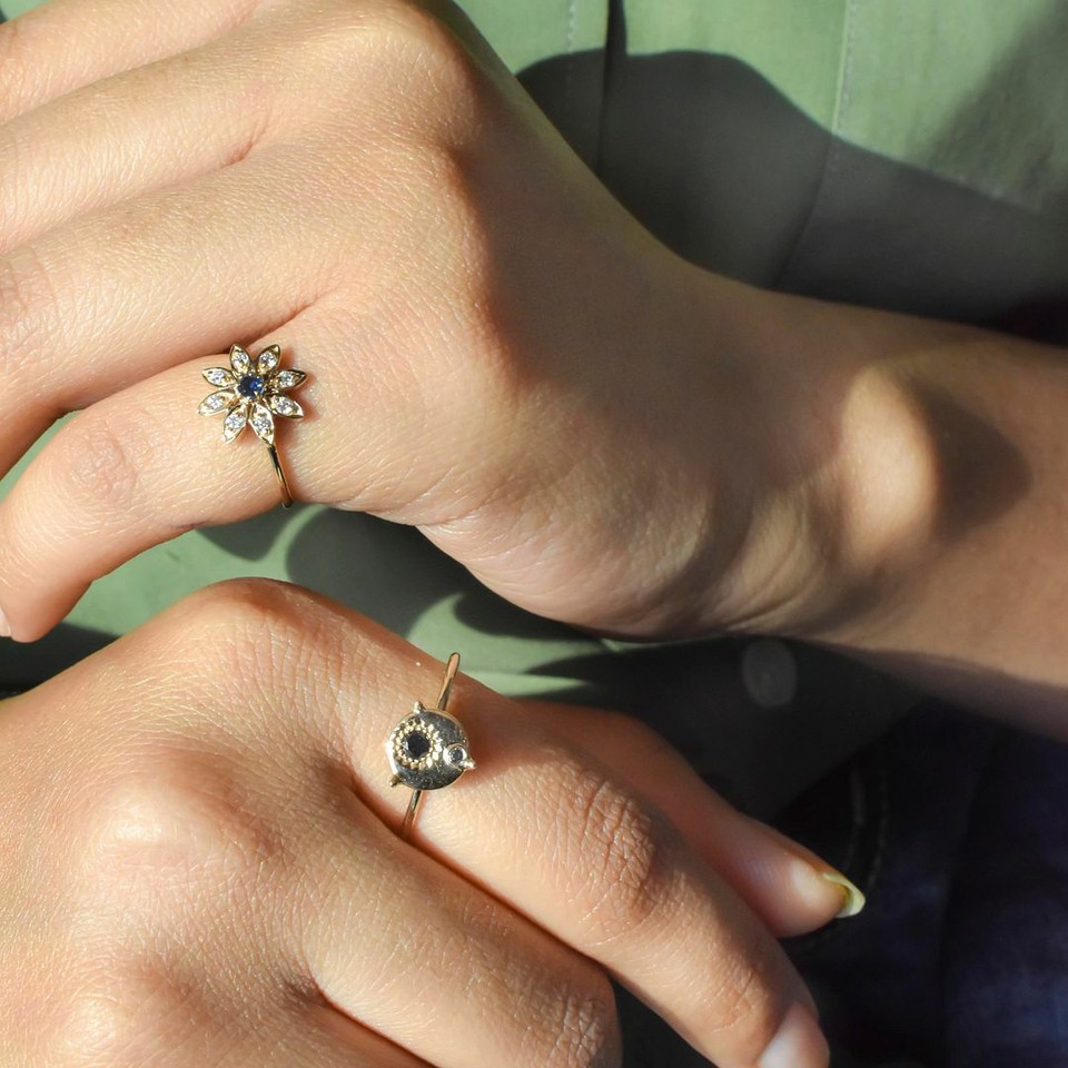 VS/F-G Diamond Blue Sapphire 14K Gold Felicia Floral Design Ring- The ...