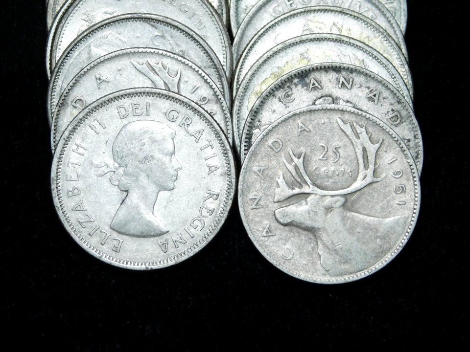 Lot of 26x 1940's - 1960's 25c Canadian Silver Quarters - $6.50 Face ...