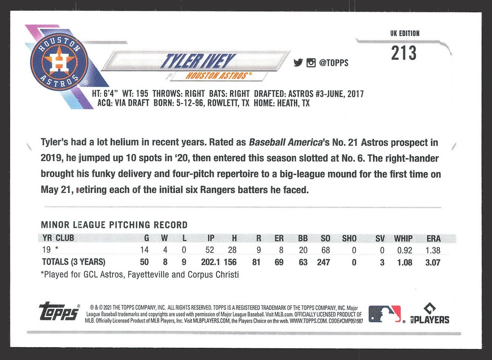 2021 Topps UK Edition #213 Tyler Ivey RC | eBay