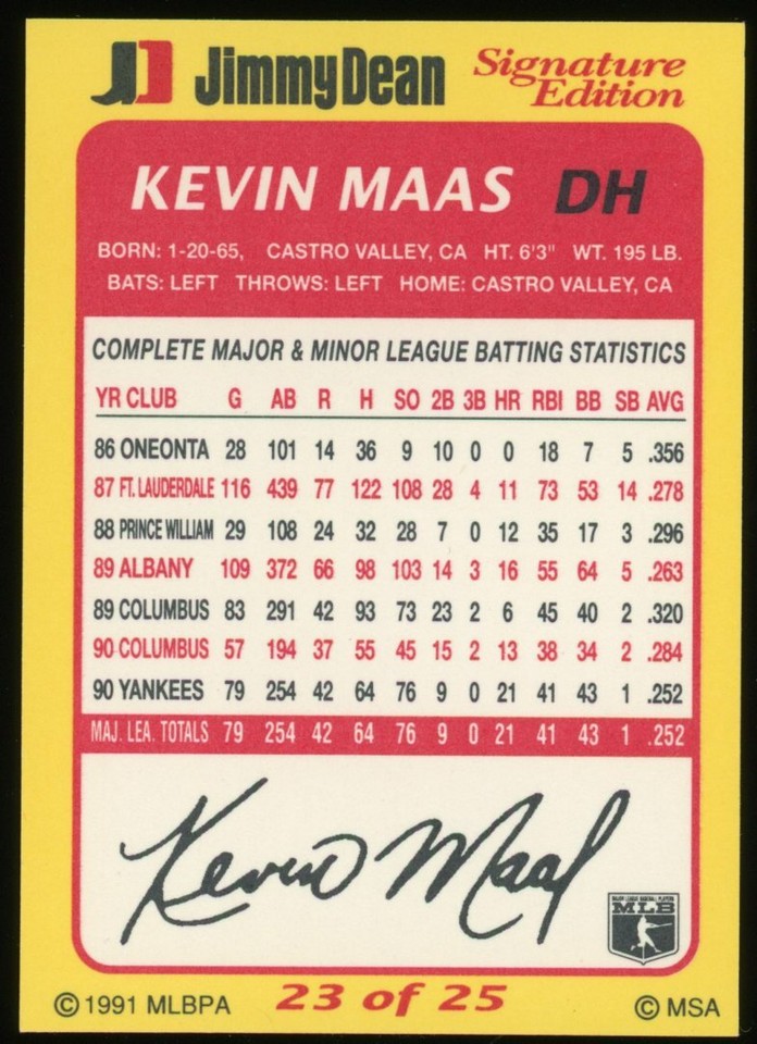 1991 Jimmy Dean Signature Edition Food Issue Kevin Maas Card #23 | eBay