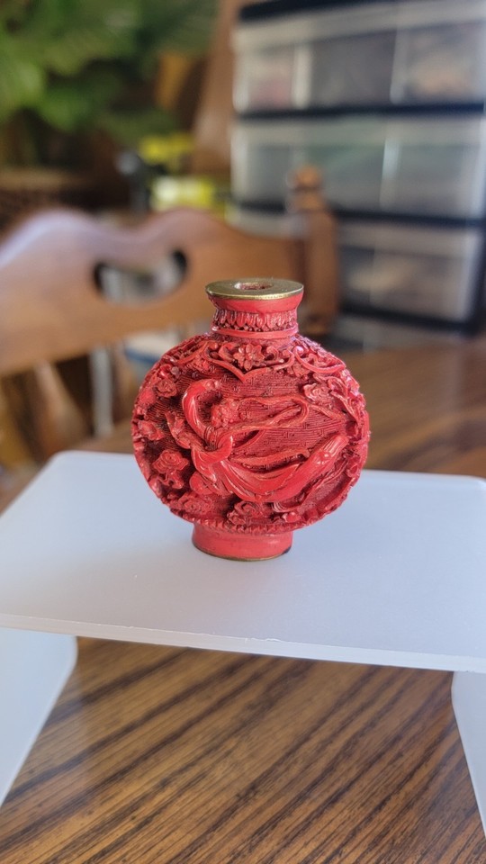 Chinese Cinnabar Style Carved Snuff Bottle Phoenix Floral Motif 3" Red ...