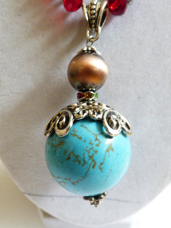 Silvertone & Red crystal Blue turquoise beads sphere ball drop Pendant ...