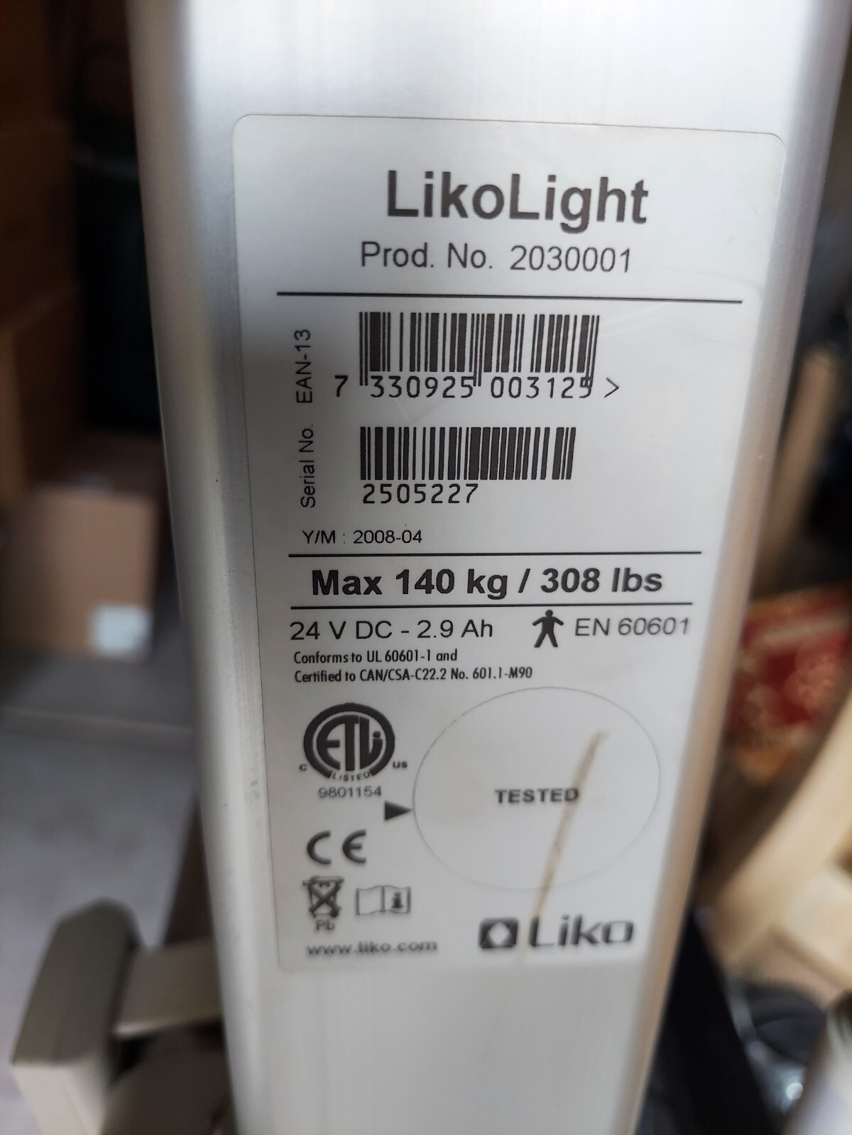 LIKO LIGHT 2030001 (Hoyer Type) BATTERY POWER PATIENT LIFT W/ CHARGER ...