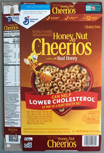 EMPTY Honey Nut Cheerios Lower Cholesterol Buzz Cereal Box GM FLAT 2024 ...
