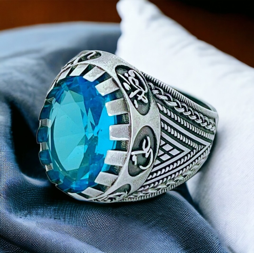 Men shia islamic ring Aqua Zircon 925 silver ehlibeyt Hasan Hussein Ali ...
