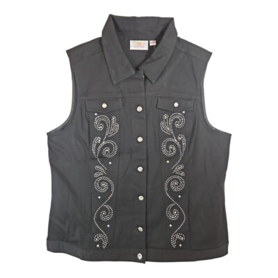 Quacker Factory Black Rhinestone Western Denim Style Vest Lg | eBay