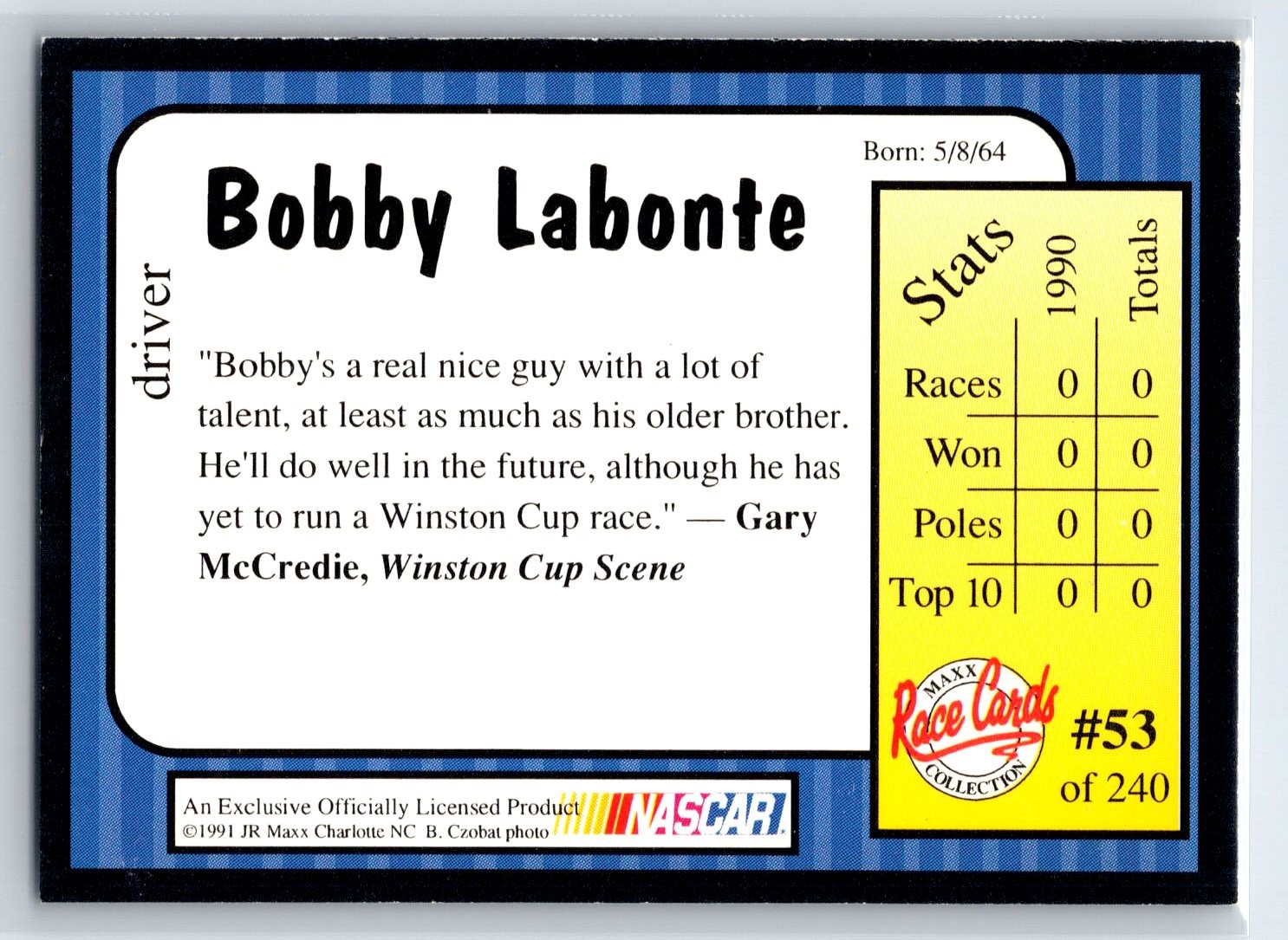 1991 Maxx Bobby Labonte Rookie Labonte Motorsports RC #53 | eBay