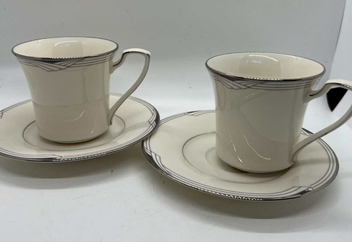 2 Noritake Sterling Cove Flat Cup and Saucer 3 1/8" tea formal silver black tea | eBay