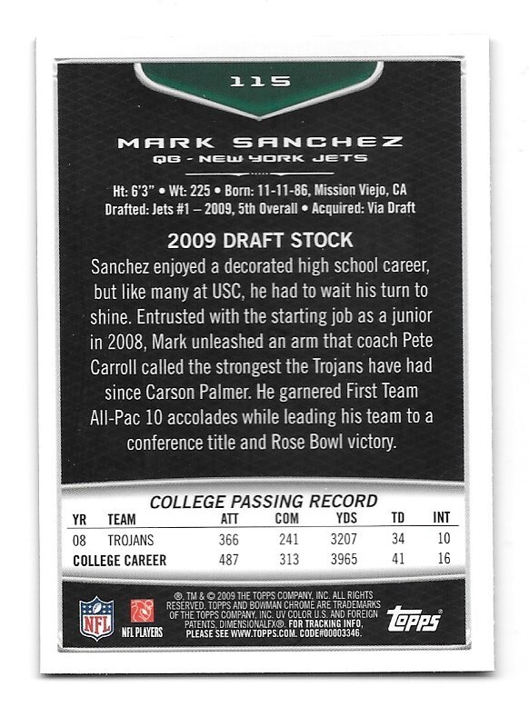 2009 Bowman Chrome Mark Sanchez Rookie Card #115 | eBay