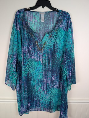 Catherines 4X Blue Green Popover Top Semi Sheer Beaded V Neck ...