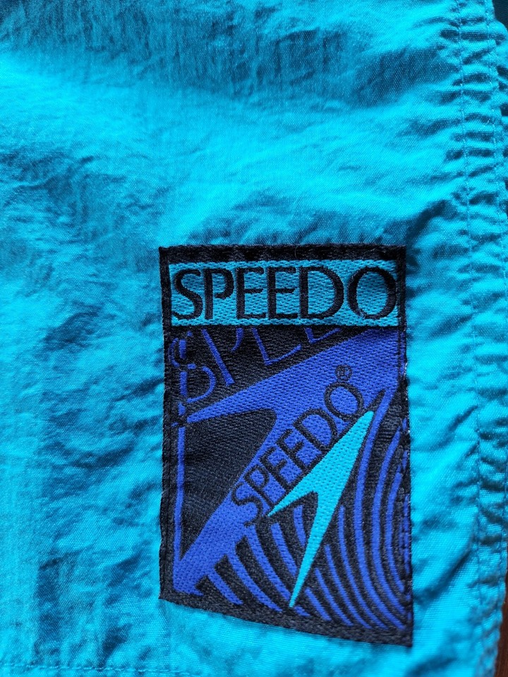 VINTAGE Speedo Blue Aqua Big Logo Nylon Swim Trunks Shorts Men's size ...