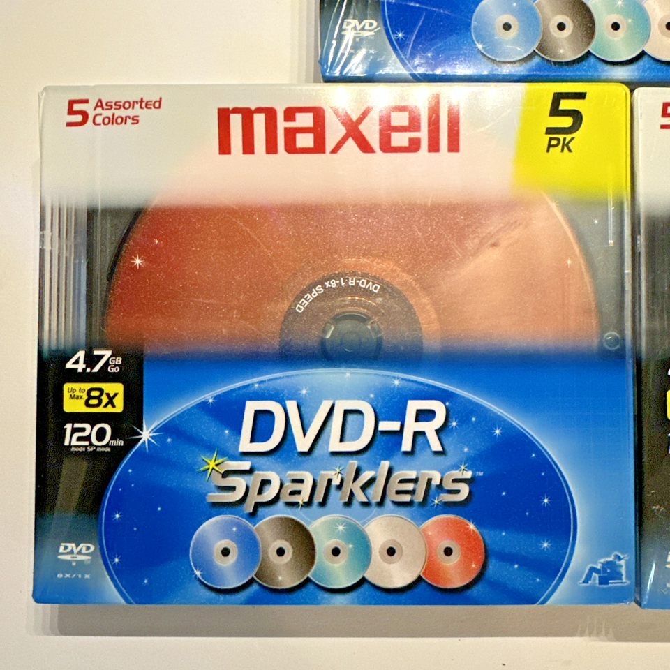 3 pkg DVD-R Sparklers Maxell 5 CD each 15 Total 5 assorted Colors 120 ...